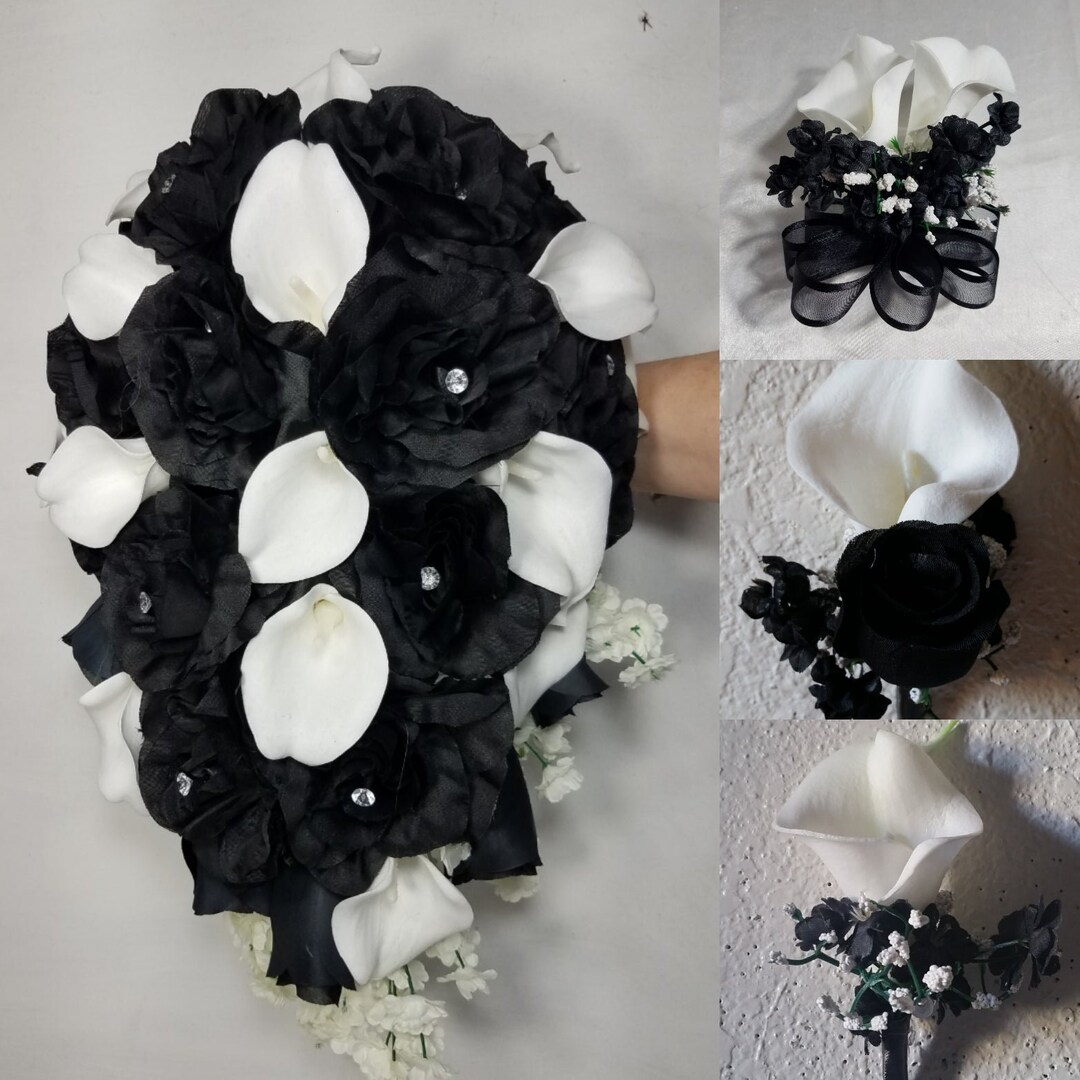 Black White Rose Calla Lily Bridal Wedding Bouquet Accessories - Etsy