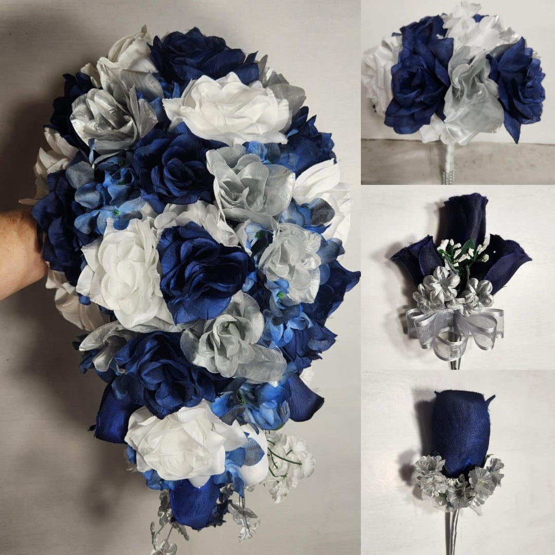 Navy Blue Silver White Rose Bridal Wedding Bouquet Accessories - Etsy