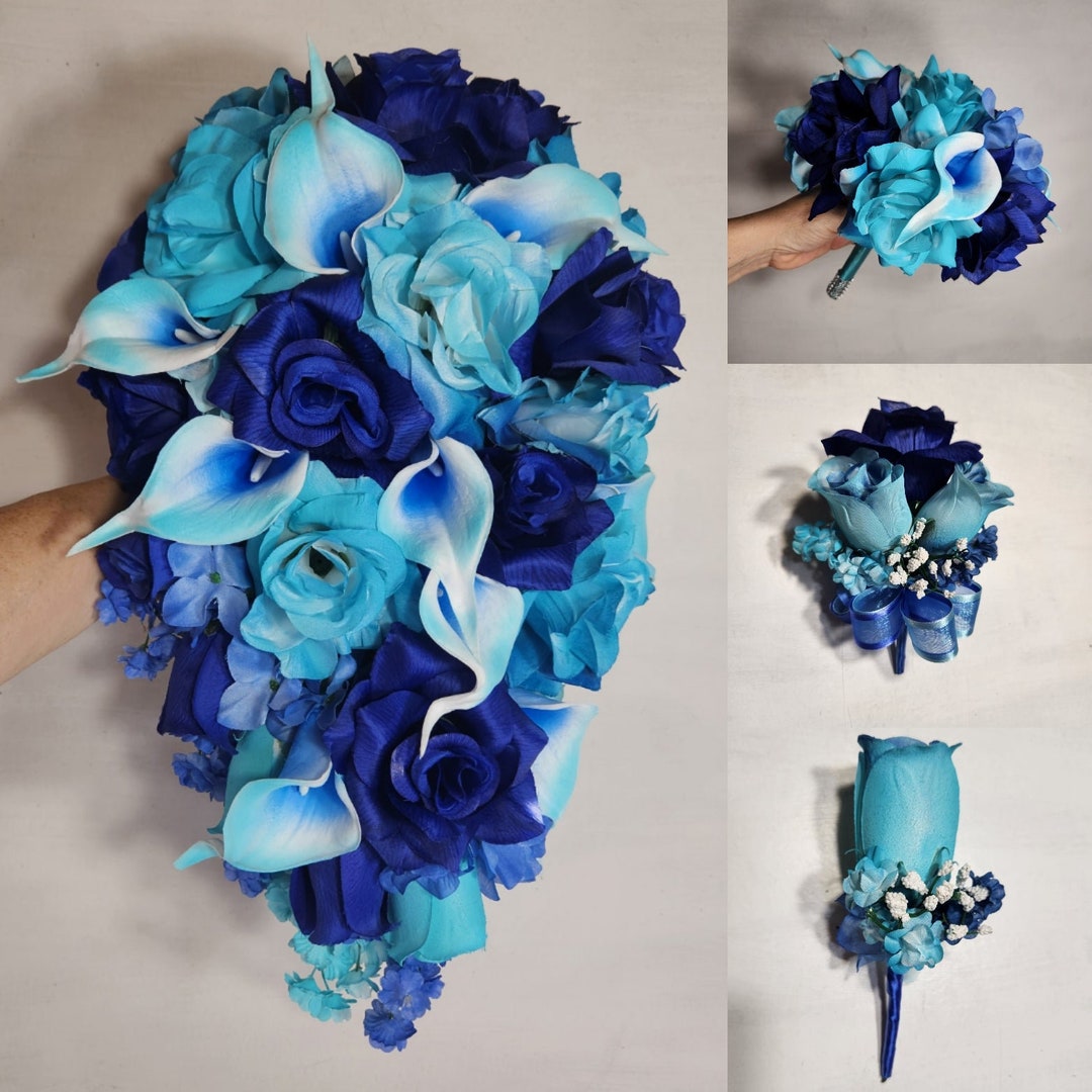 Turquoise Royal Blue Rose Calla Lily Bridal Wedding Bouquet Accessories ...