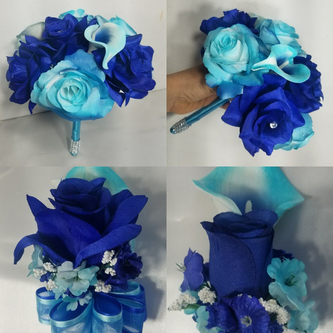 Turquoise Royal Blue Rose Calla Lily Bridal Wedding Bouquet Accessories ...