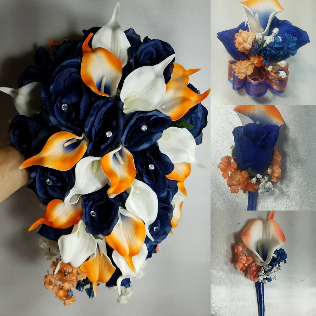 Orange Navy Blue Rose Calla Lily Bridal Wedding Bouquet Accessories - Etsy