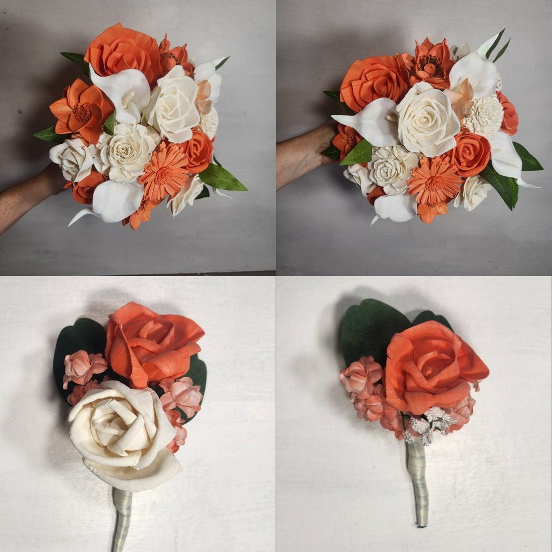 Coral Ivory Rose Calla Lily Sola Wood Bridal Wedding Bouquet Accessories - Etsy