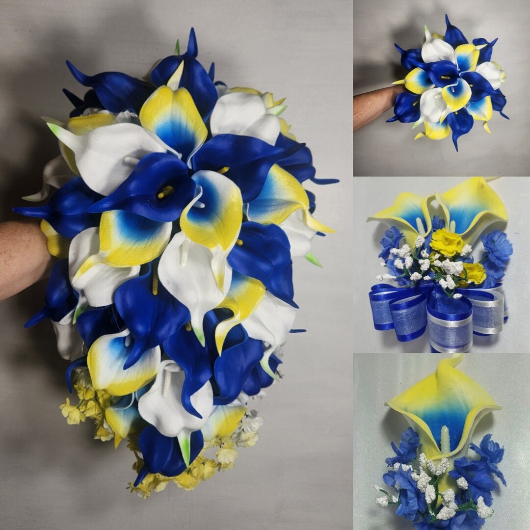 Yellow Royal Blue Calla Lily Bridal Wedding Bouquet Accessories - Etsy