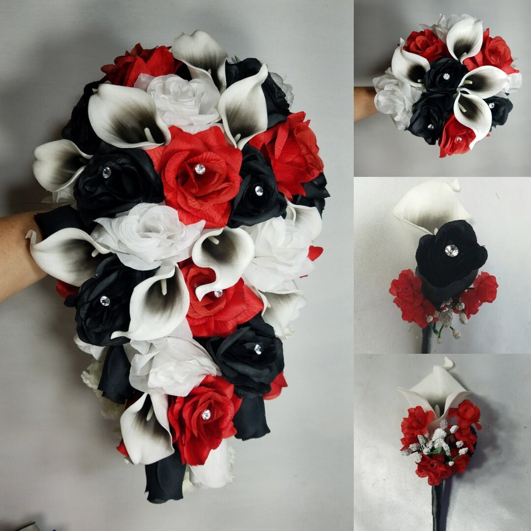 Red Black White Rose Calla Lily Bridal Wedding Bouquet Accessories - Etsy
