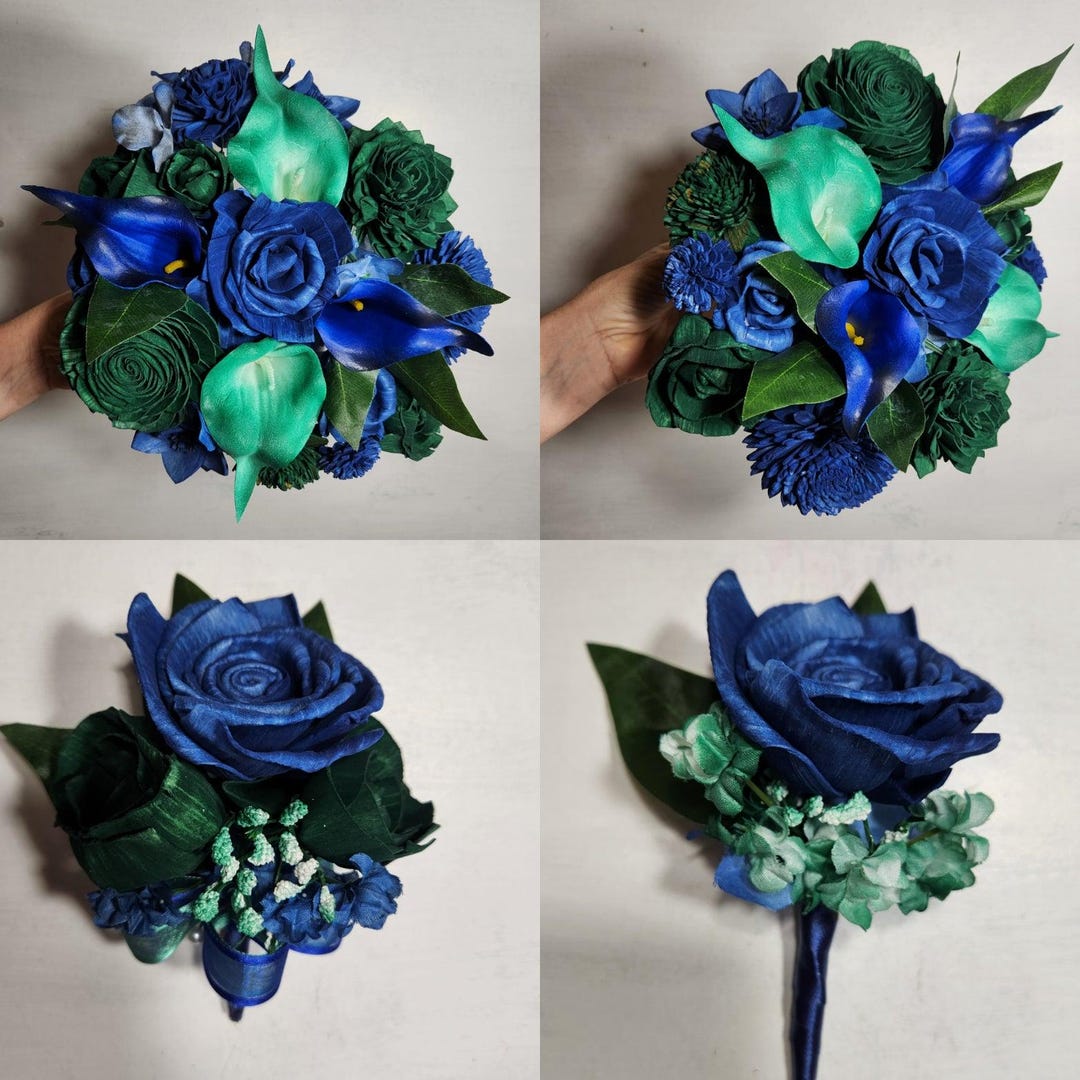 Navy Blue Hunter Green Rose Calla Lily Sola Bridal Wedding Bouquet ...