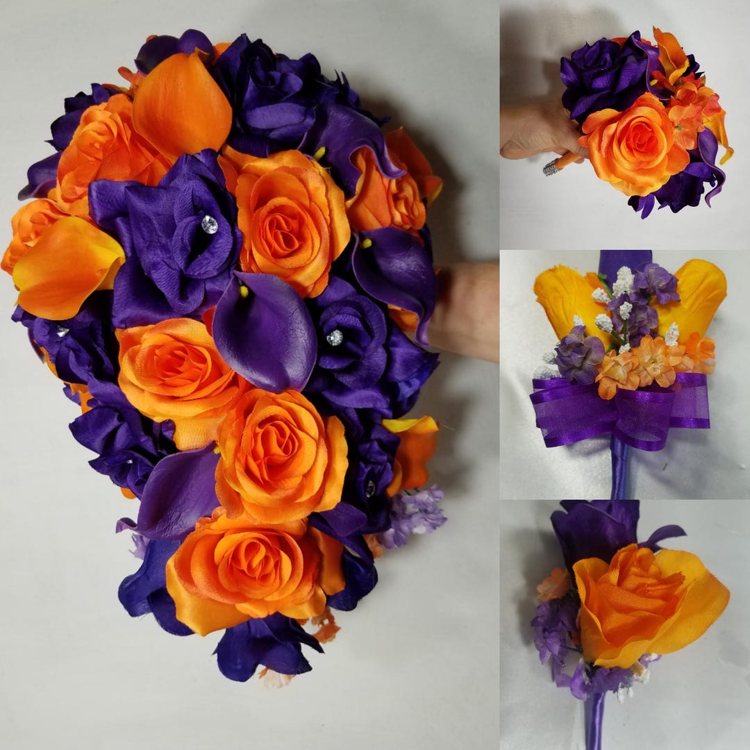 Orange Purple Rose Calla Lily Bridal Wedding Bouquet Accessories - Etsy