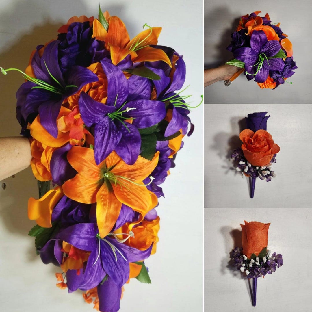 Orange Purple Rose Tiger Lily Bridal Wedding Bouquet Accessories - Etsy