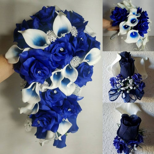 Ivory Royal Blue Calla Lily Bridal Wedding Bouquet Accessories - Etsy