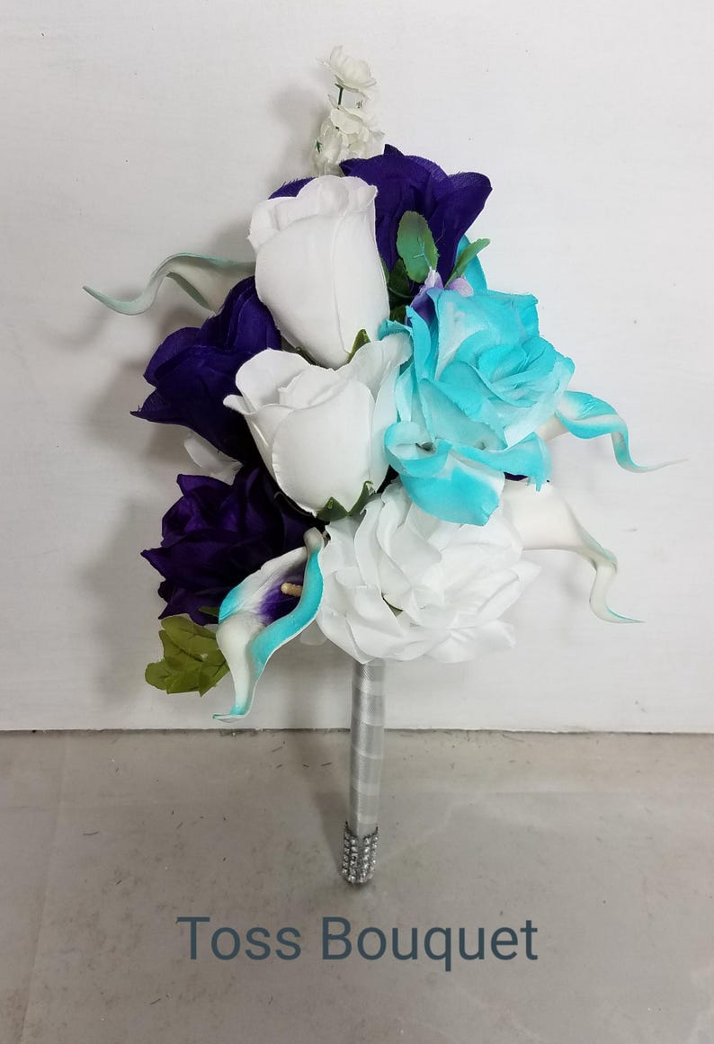 Purple Turquoise White Rose Calla Lily Bridal Wedding Bouquet ...
