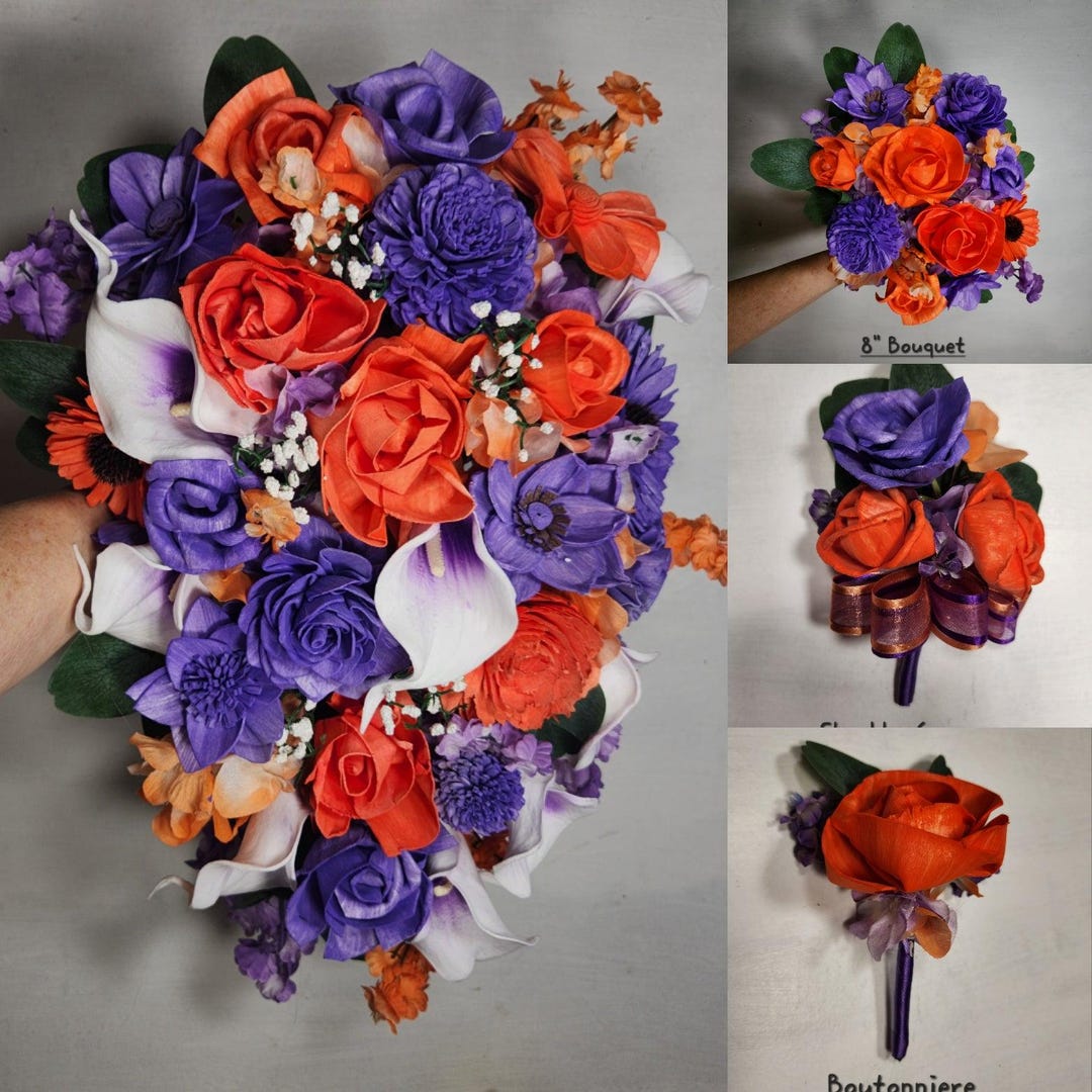 Orange Purple Rose Calla Lily Sola Wood Bridal Wedding Bouquet ...