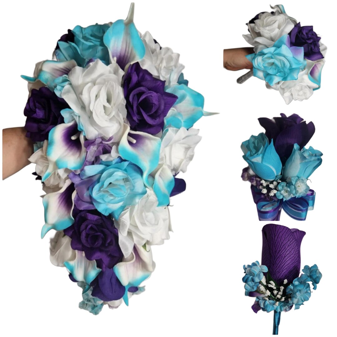 Purple Turquoise White Rose Calla Lily Bridal Wedding Bouquet ...