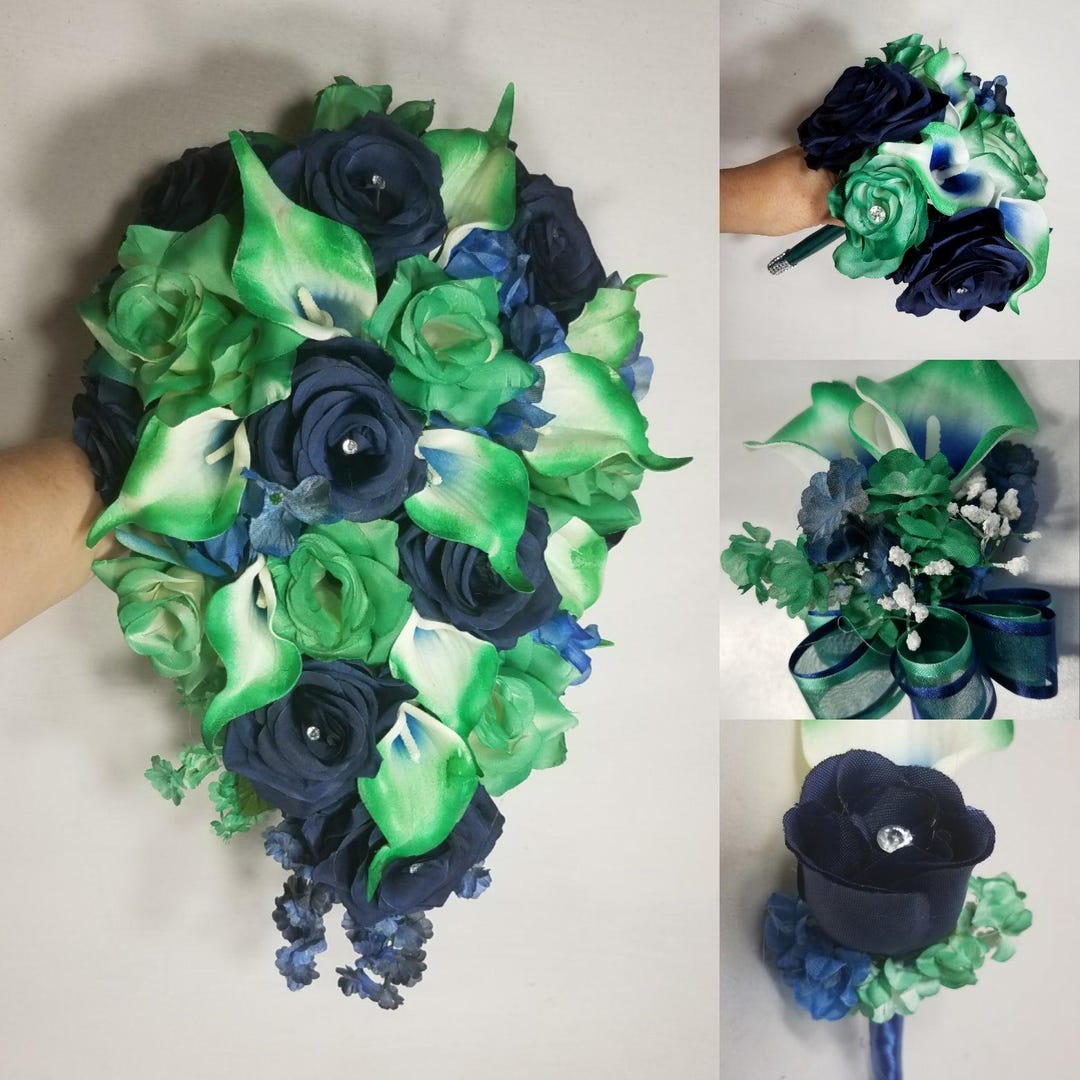 Hunter Green Navy Blue Rose Calla Lily Bridal Wedding Bouquet ...