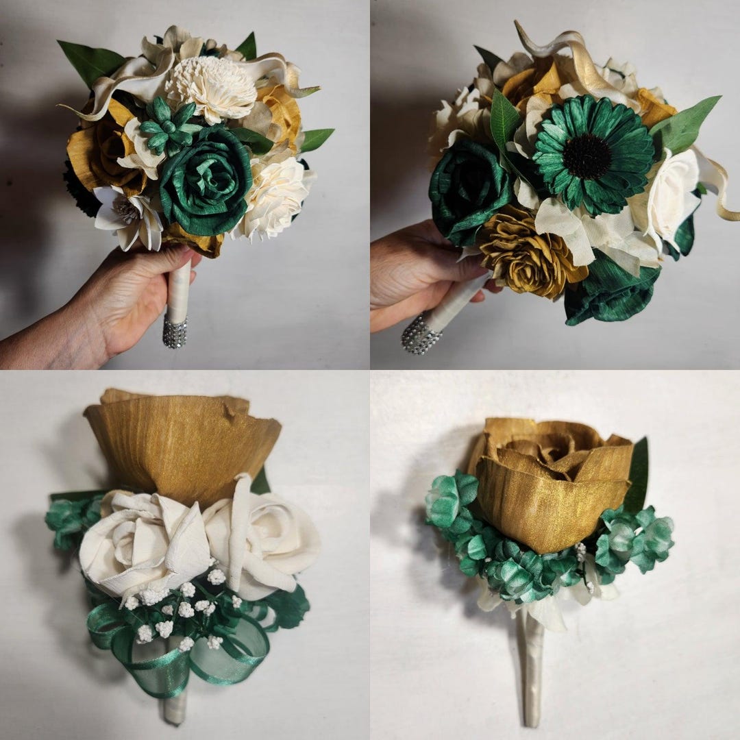 Hunter Green Ivory Gold Rose Sola Wood Bridal Wedding Bouquet ...