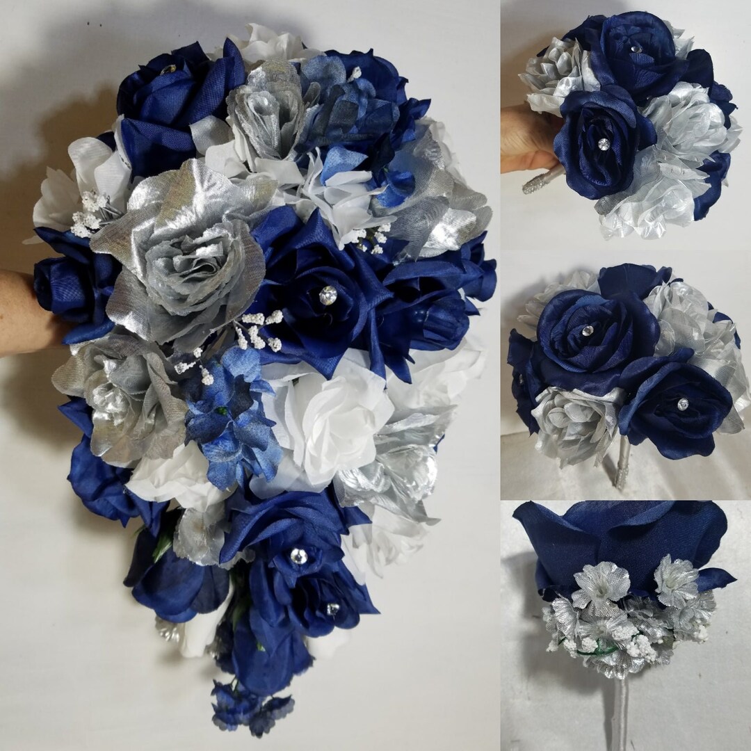 Navy Blue Silver White Rose Bridal Wedding Bouquet Accessories - Etsy