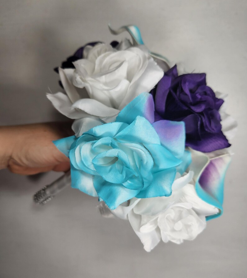 Purple Turquoise White Rose Calla Lily Bridal Wedding Bouquet ...