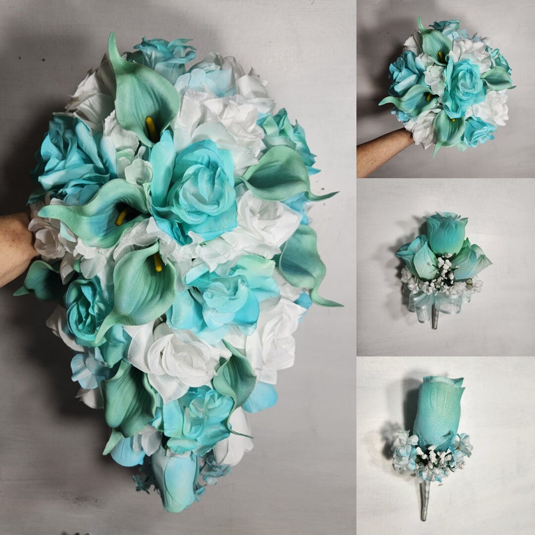 Aqua Tiffany White Rose Calla Lily Bridal Wedding Bouquet Accessories ...