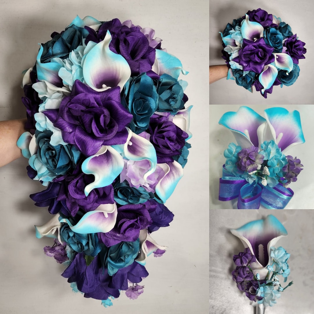 Purple Teal Rose Calla Lily Bridal Wedding Bouquet Accessories - Etsy