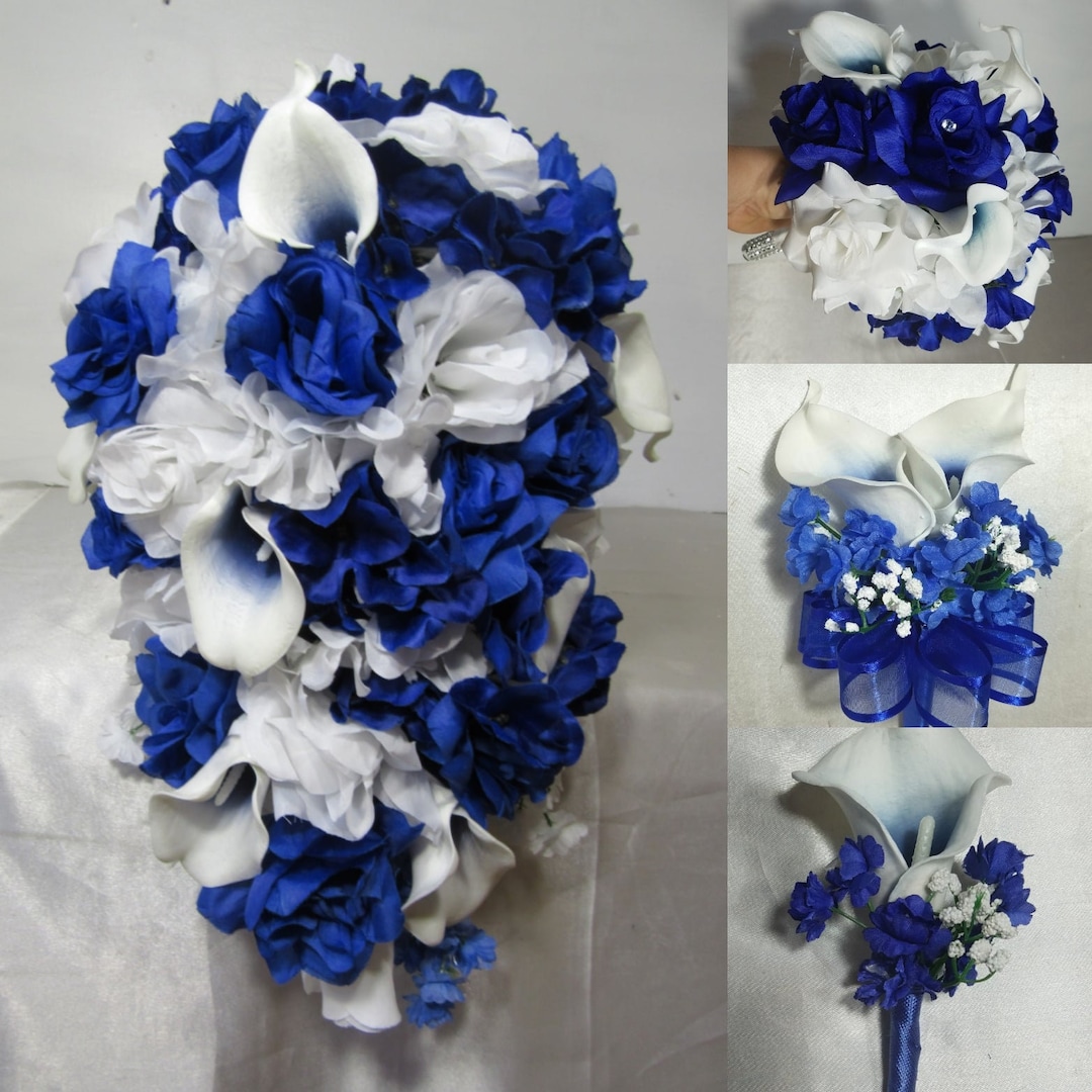 Royal Blue White Rose Calla Lily Bridal Wedding Bouquet Accessories - Etsy