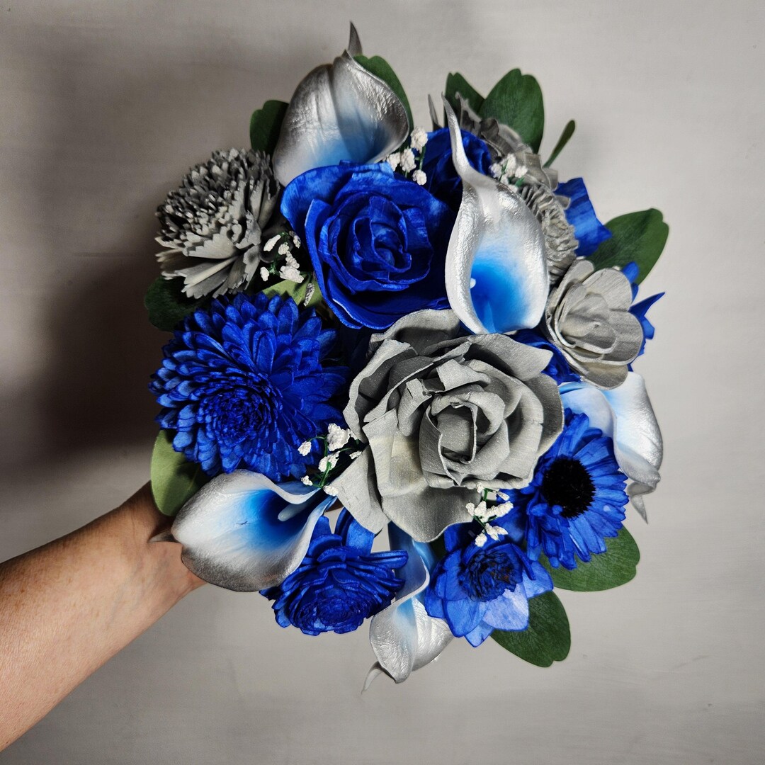 Royal Blue Silver Rose Calla Lily Sola Wood Bridal Wedding Bouquet Accessories - Etsy