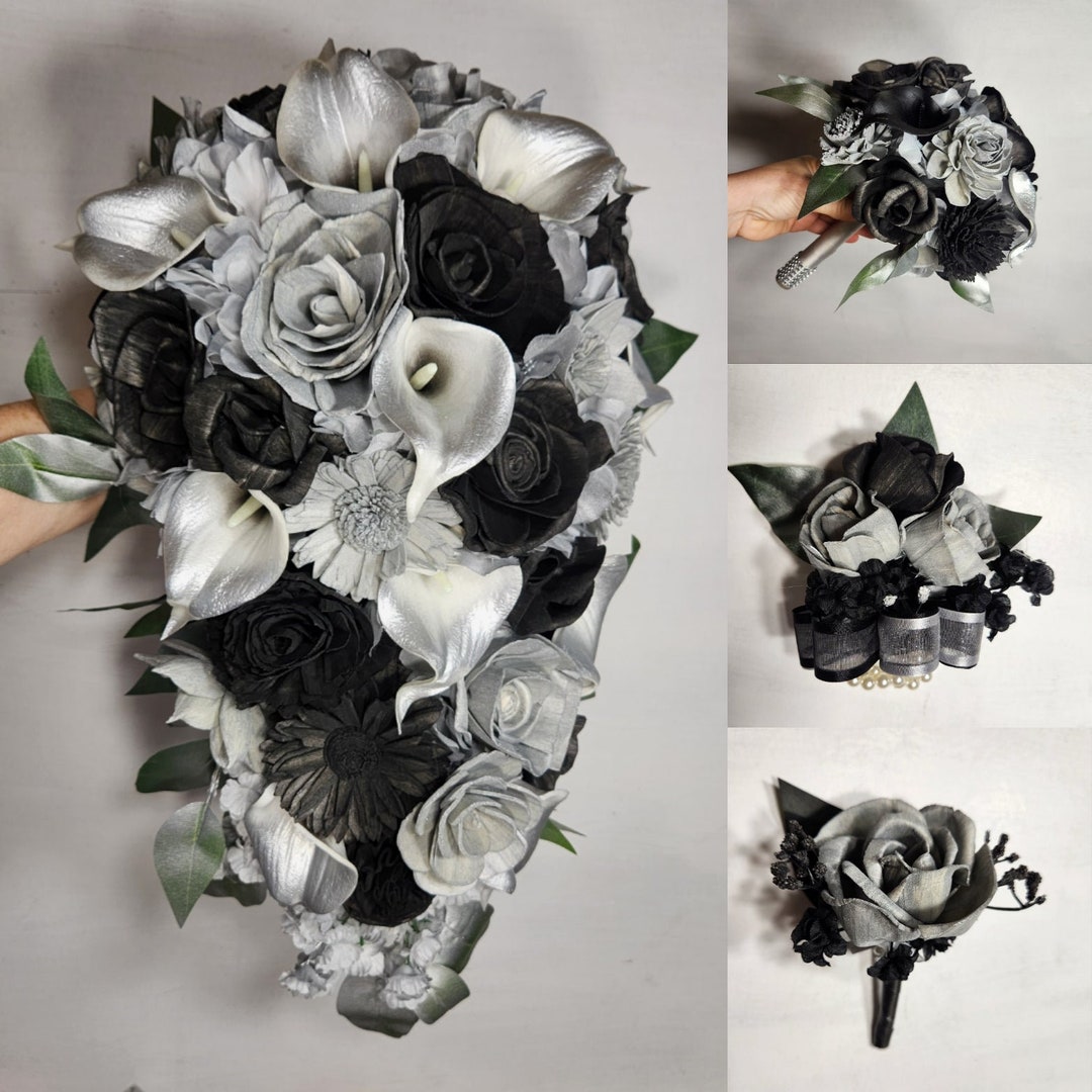 Silver Black Rose Calla Lily Sola Wood Bridal Wedding Bouquet ...