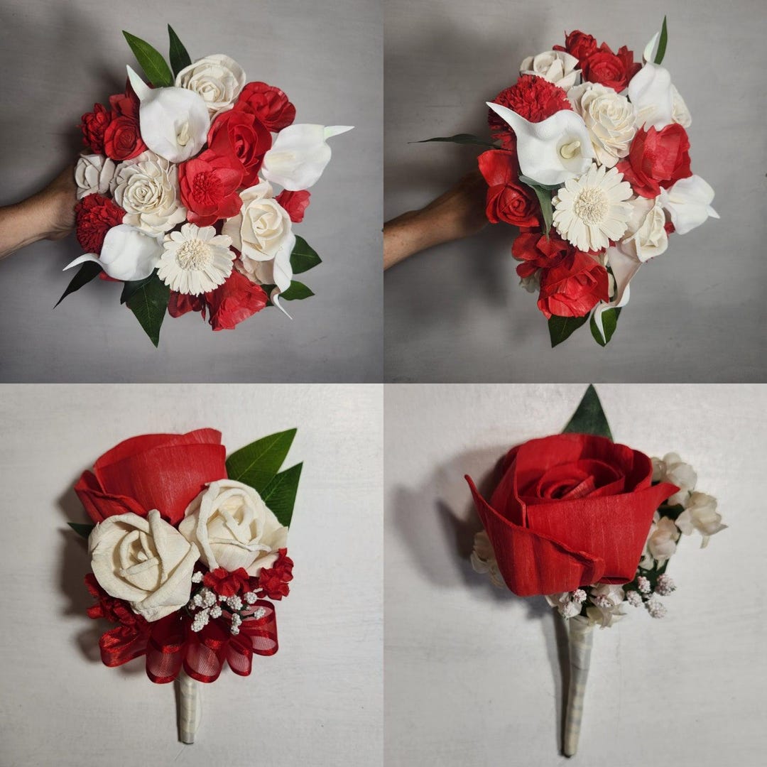 Red Ivory Rose Calla Lily Sola Wood Bridal Wedding Bouquet Accessories ...