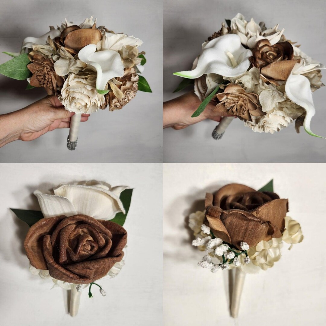 Brown Ivory Rose Calla Lily Sola Wood Bridal Wedding Bouquet Accessories - Etsy