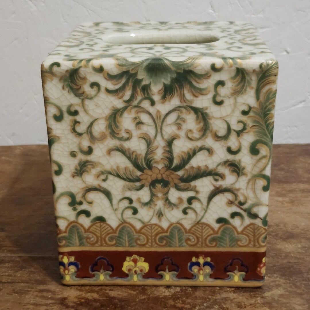 Heavy Ceramic Porcelain Tissue Cube Box by Amita Ivory Green Gold ...