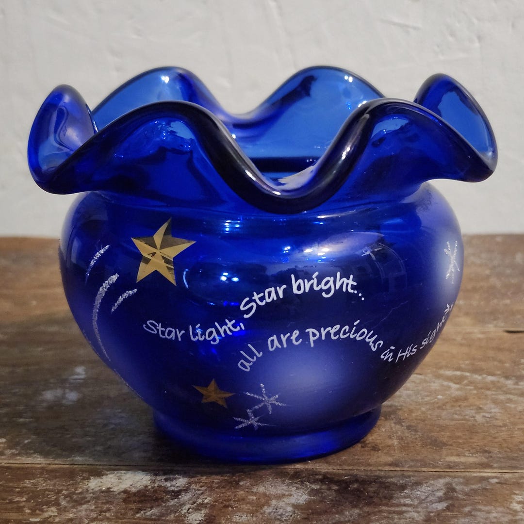 FENTON Glass Rose Bowl Star Light Star Bright COBALT BLUE Handpainted ...