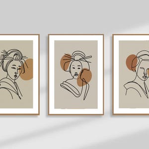 Japanese Woman Line Art Print, Printable Boho Wall Art,set of 3 Prints ...
