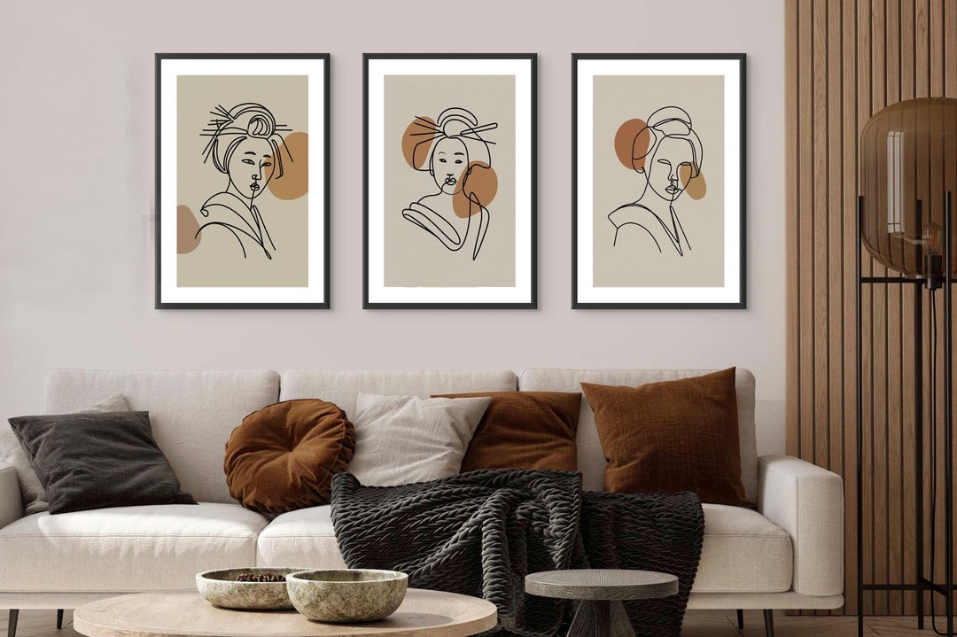 Japanese Woman Line Art Print, Printable Boho Wall Art,set of 3 Prints ...