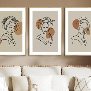 Japanese Woman Line Art Print, Printable Boho Wall Art,set of 3 Prints ...