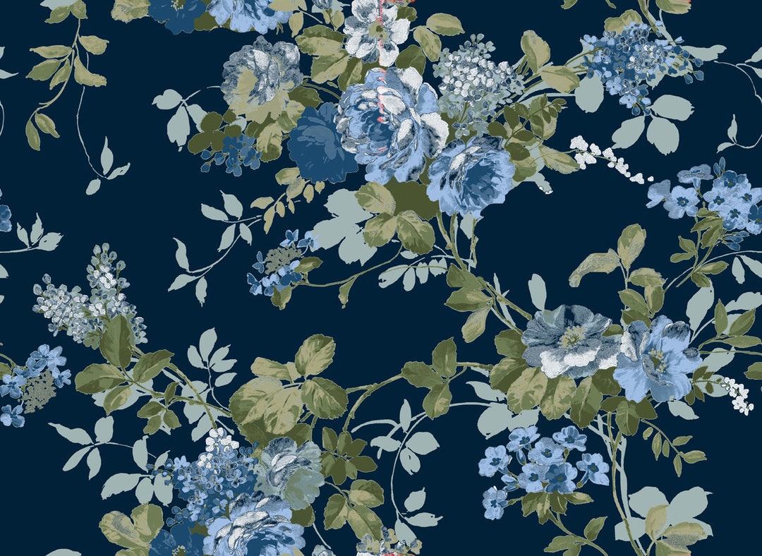 Navy Blue Floral Printed Sewing Material Home Decor Fabric - Etsy