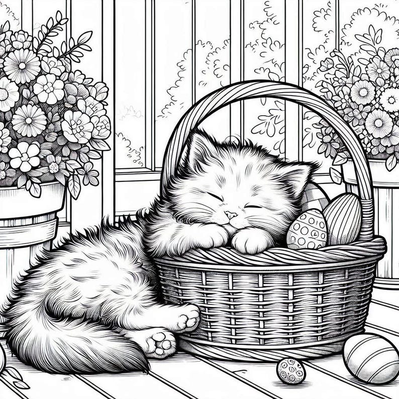 Kitten Easter Basket Coloring Page, Rustic Porch Scene, Kids Cat Lovers ...