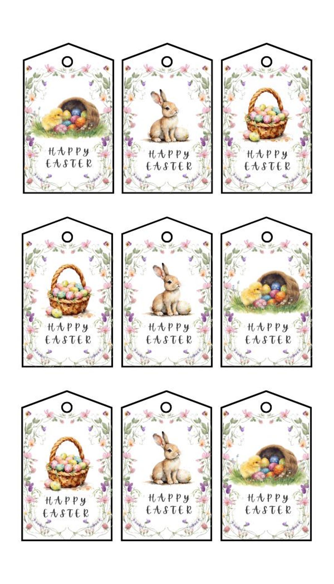 Happy Easter Gift Tags, Bunny, Chicks, Eggs, Spring Floral Border ...