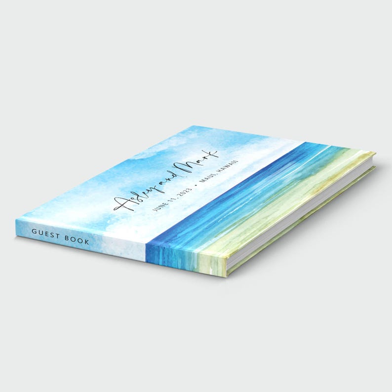Beach Wedding Guest Book, Personalized Ocean Watercolor Sign-in Book ...