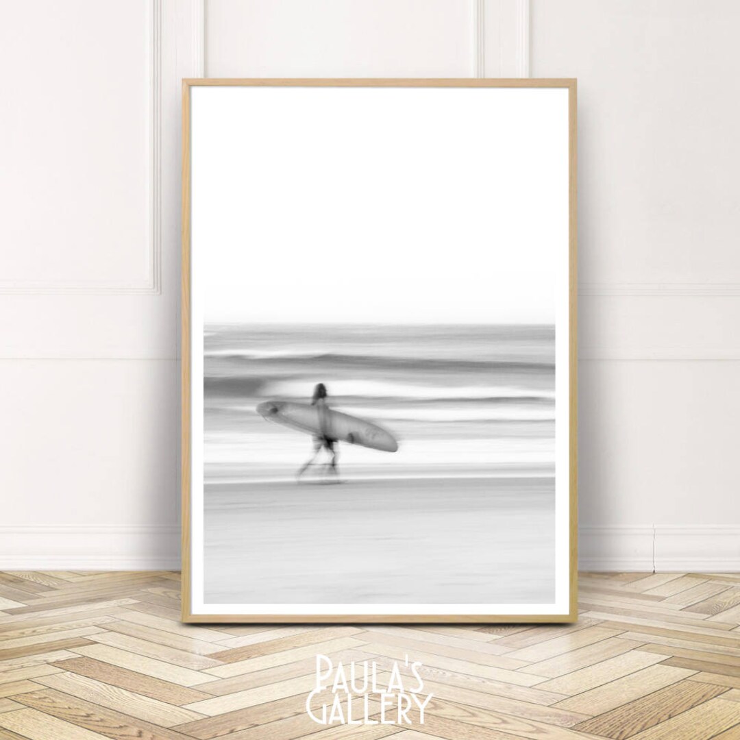 Longboard Surf Print, Ocean Surfer Photography Wall Art, Black White ...