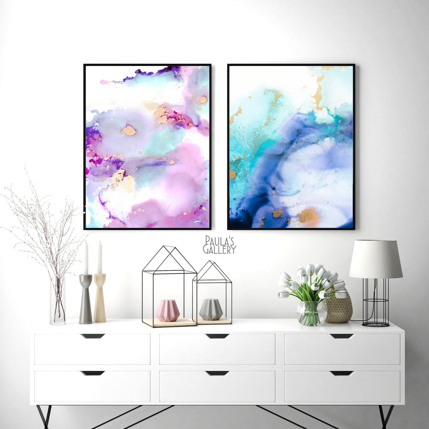 Set of 2 Blush Abstract Ink Paintings Violet Blue Ink Prints - Etsy