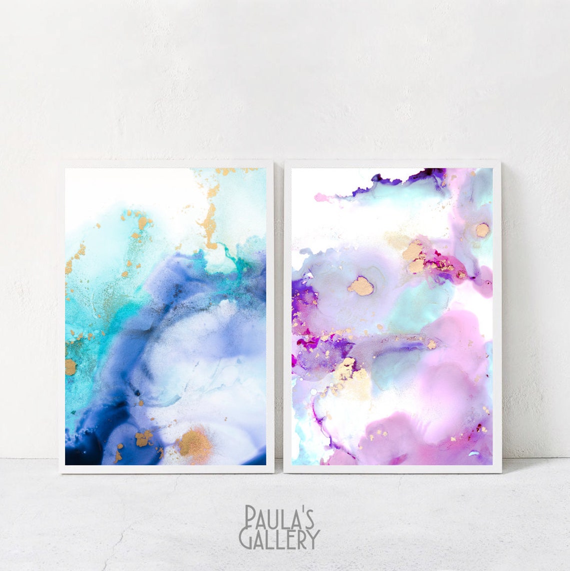 Set of 2 Blush Abstract Ink Paintings Violet Blue Ink Prints - Etsy