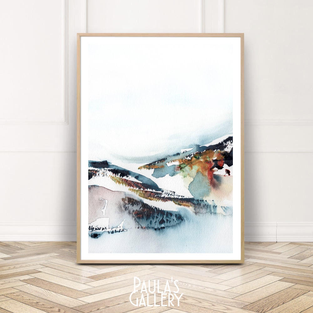 Blue Watercolor Print, Mountain Landscape Watercolor Painting, Simple ...