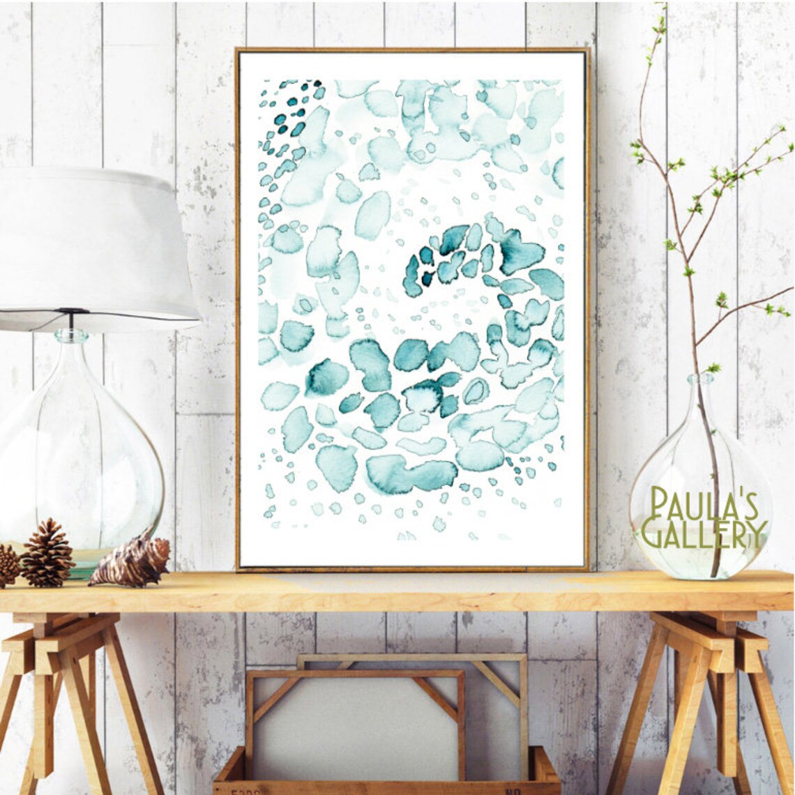 Abstract Watercolor Wall Art Large Blue Print Poster Dots - Etsy