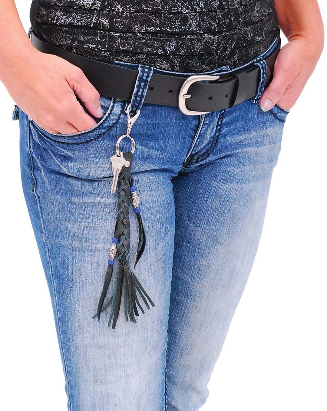 Black Leather Braid & Bead Key Chain AKC9038K - Etsy