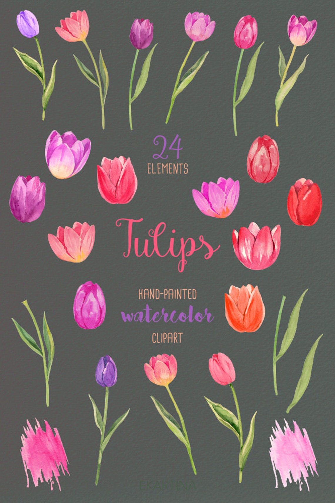 Watercolor Tulips Cliparthand Painted Tulip Flowersspring - Etsy
