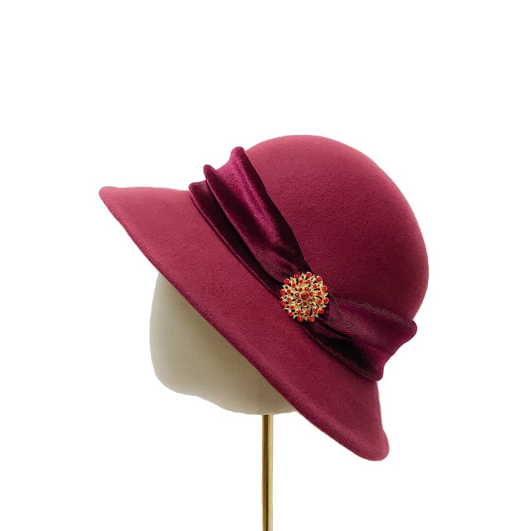 Burgundy Red Felt Hat With Velvet Ribbon and Red/ Golden Rhinstone ...