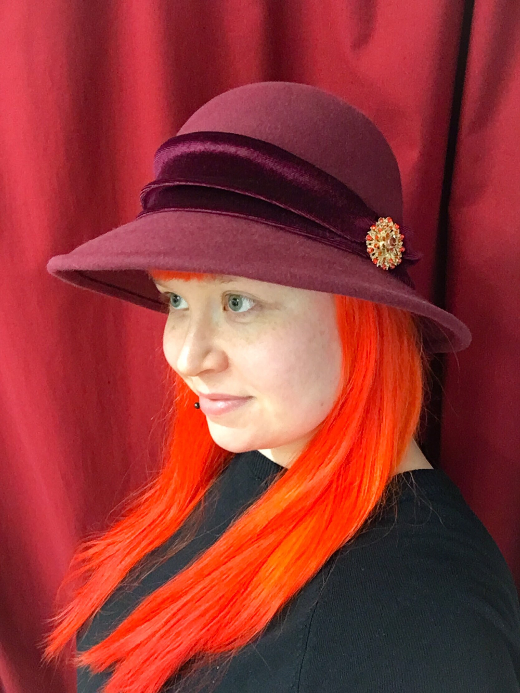 Burgundy Red Felt Hat With Velvet Ribbon and Red/ Golden | Etsy