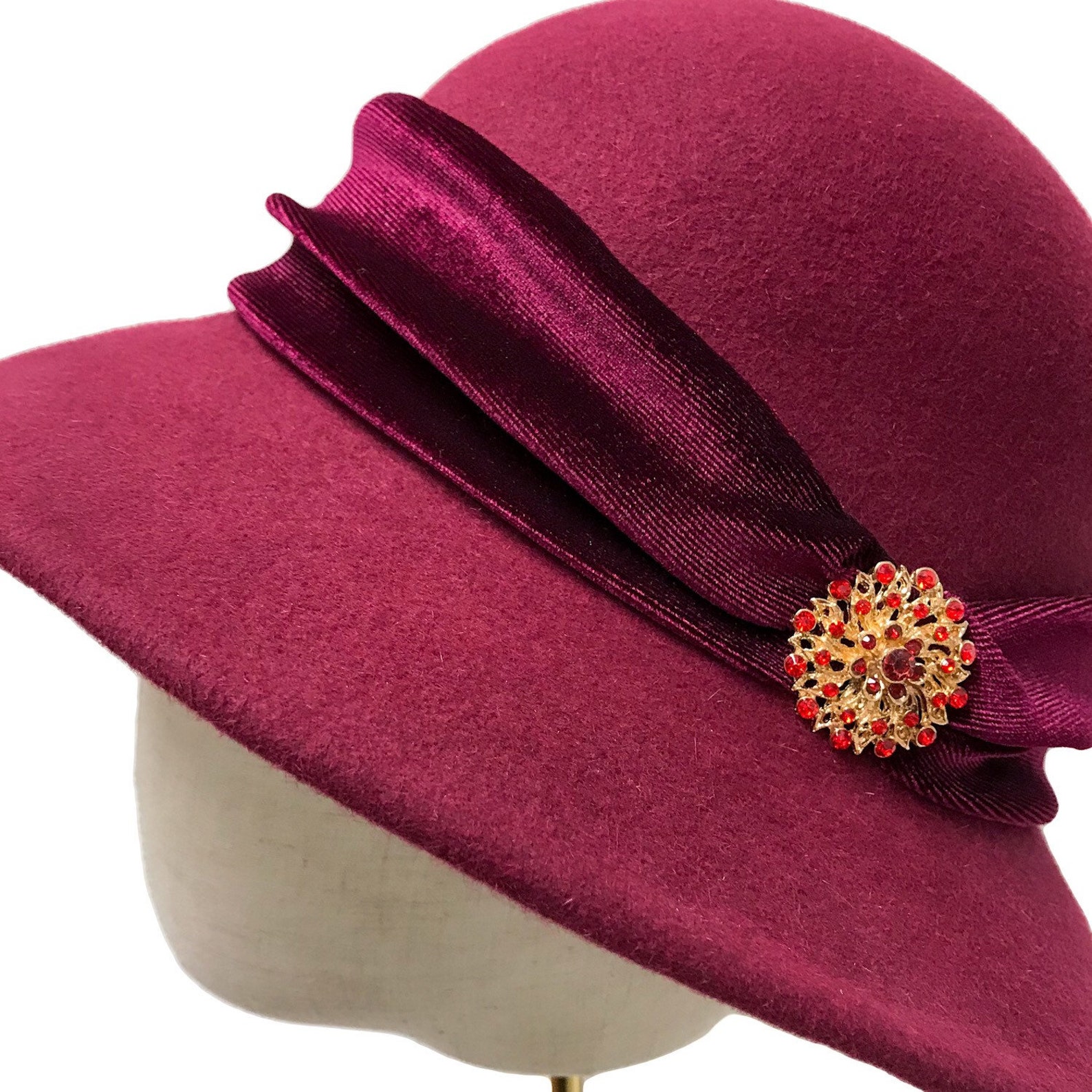 Burgundy Red Felt Hat With Velvet Ribbon and Red/ Golden Rhinstone ...