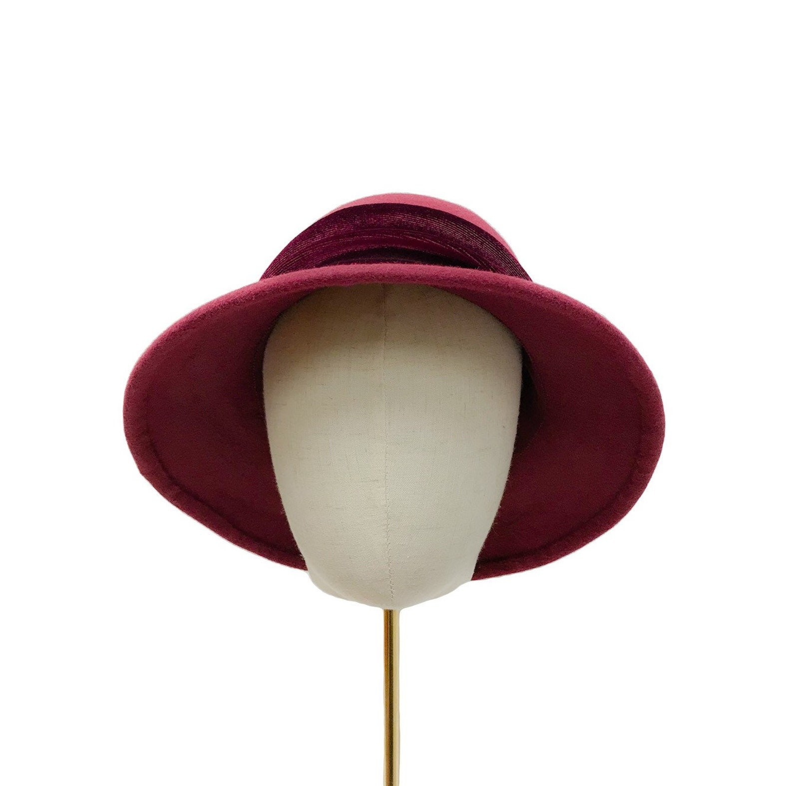 Burgundy Red Felt Hat With Velvet Ribbon and Red/ Golden Rhinstone ...