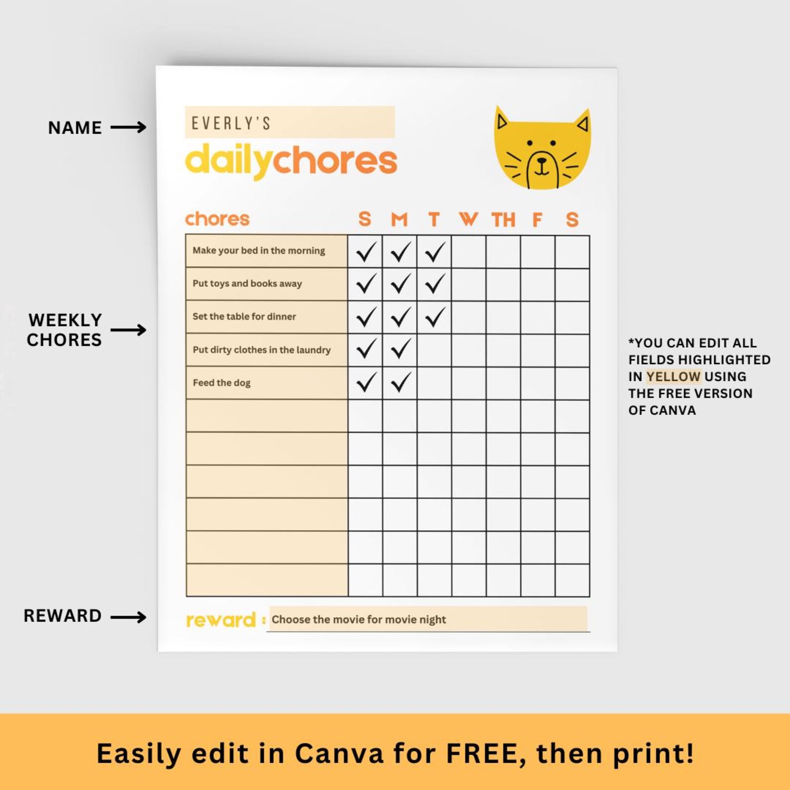 Chore Chart for Kids, Printable Editable Daily Chore Chart ...