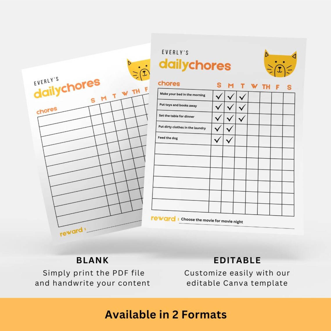 Chore Chart for Kids, Printable Editable Daily Chore Chart ...