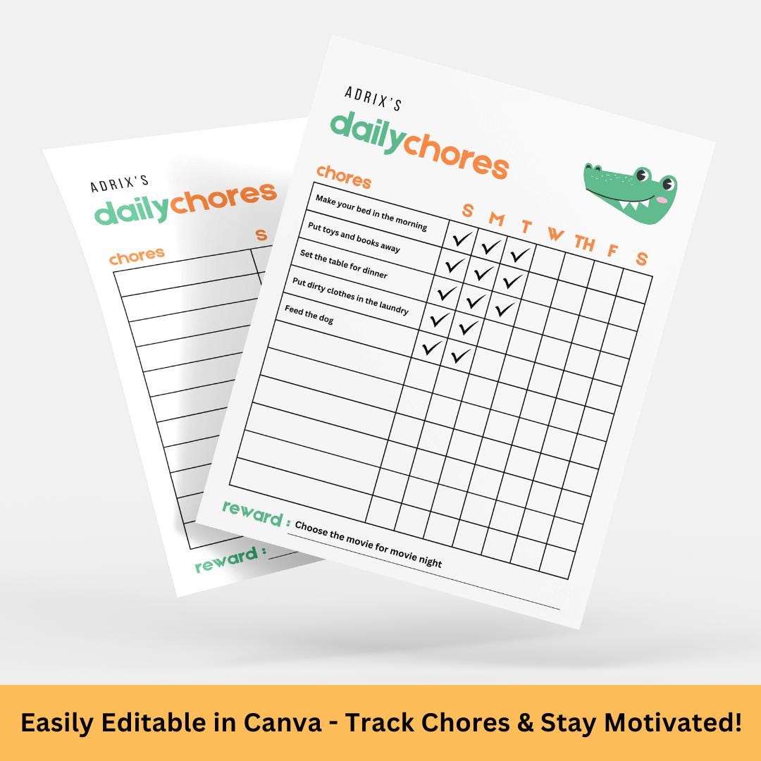Chore Chart for Kids, Printable Editable Daily Chore Chart ...