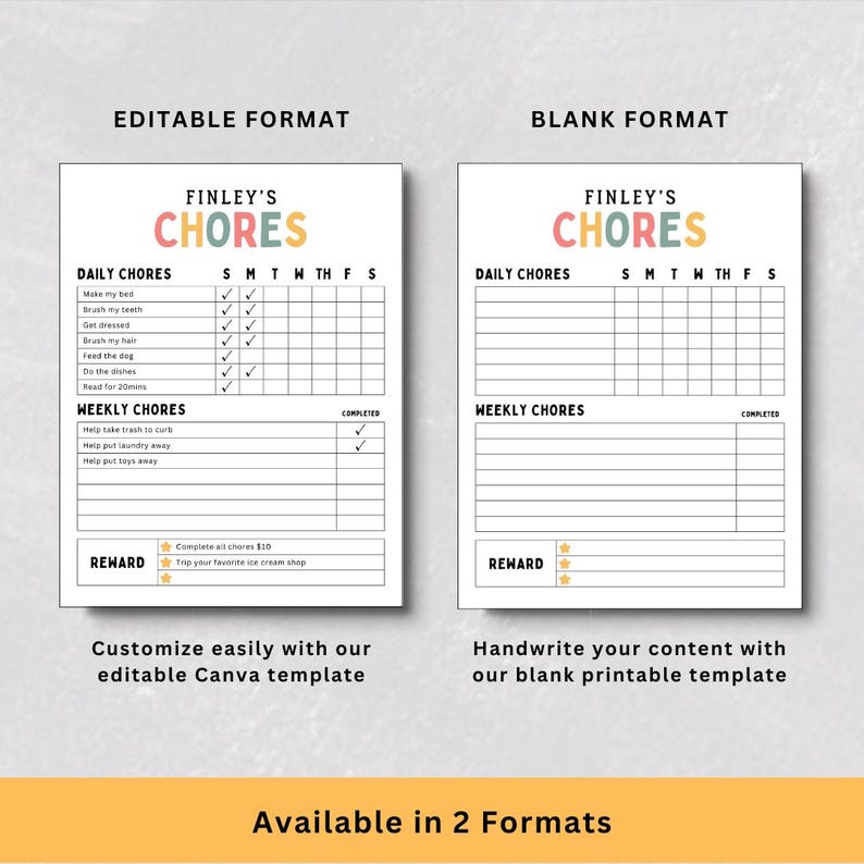 Chore Chart for Kids, Printable Editable Daily & Weekly Chore Chart ...